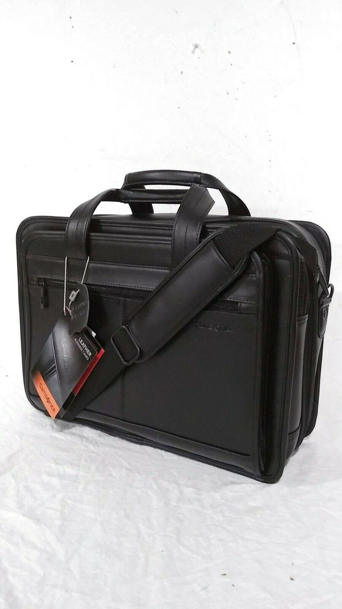 $320 NEW Samsonite Leather Expandable Laptop Briefcase Bag Black Busin ...